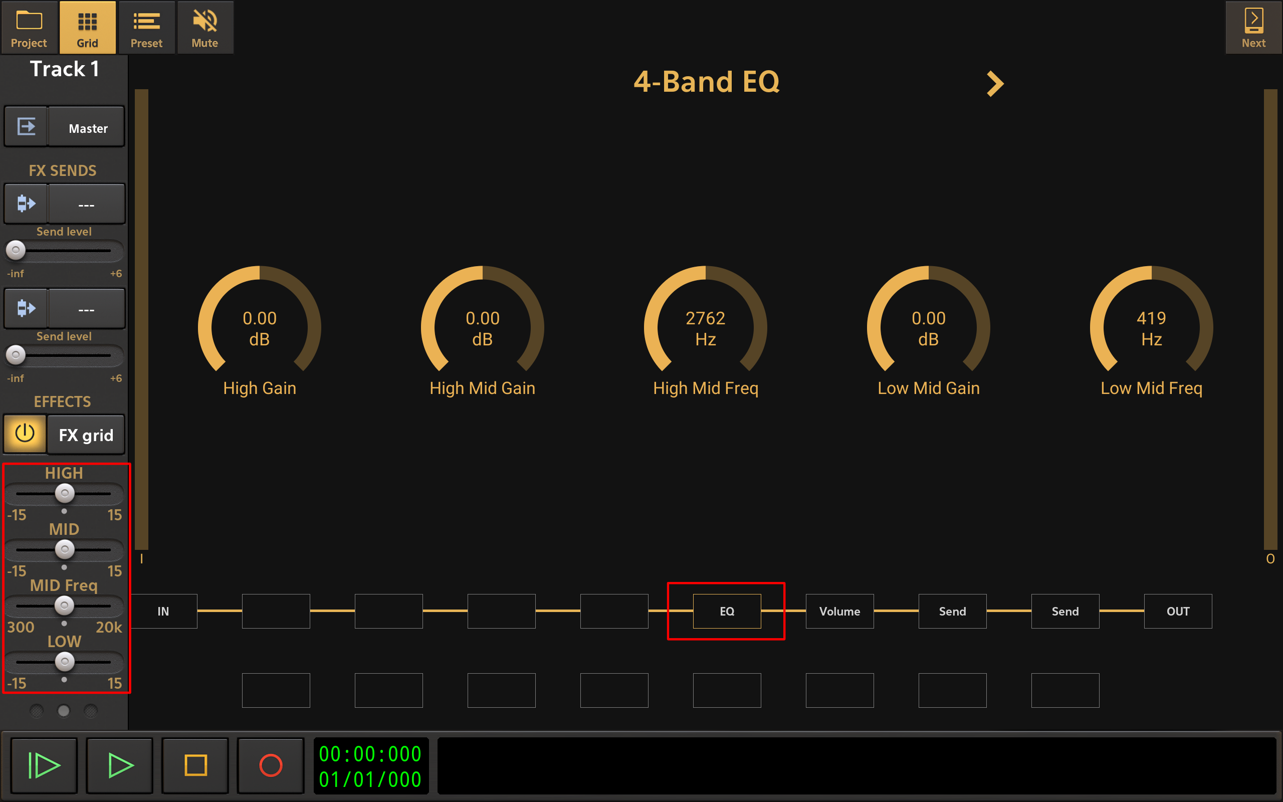 MIDI Instrument and Drum Pattern Track Channel Strips